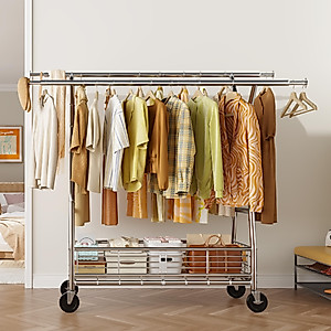 Raybee Clothes Rack Heavy Duty Rolling Clothing Rack with Wheels Load 600LBS Double Rod Clothing Racks for Hanging Clothes Commercial Portable & Adjustable Garment Rack with Metal Basket, Chrome