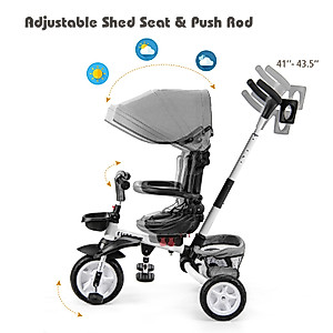 BABY JOY Tricycle, 7 in 1 Folding Toddler Bike w/Removable Push Handle, Rotatable Seat, Adjustable Canopy, Safety Harness, Storage, Cup Holder, Trike for 1-5 Year Old, Tricycle for Toddlers (Gray)