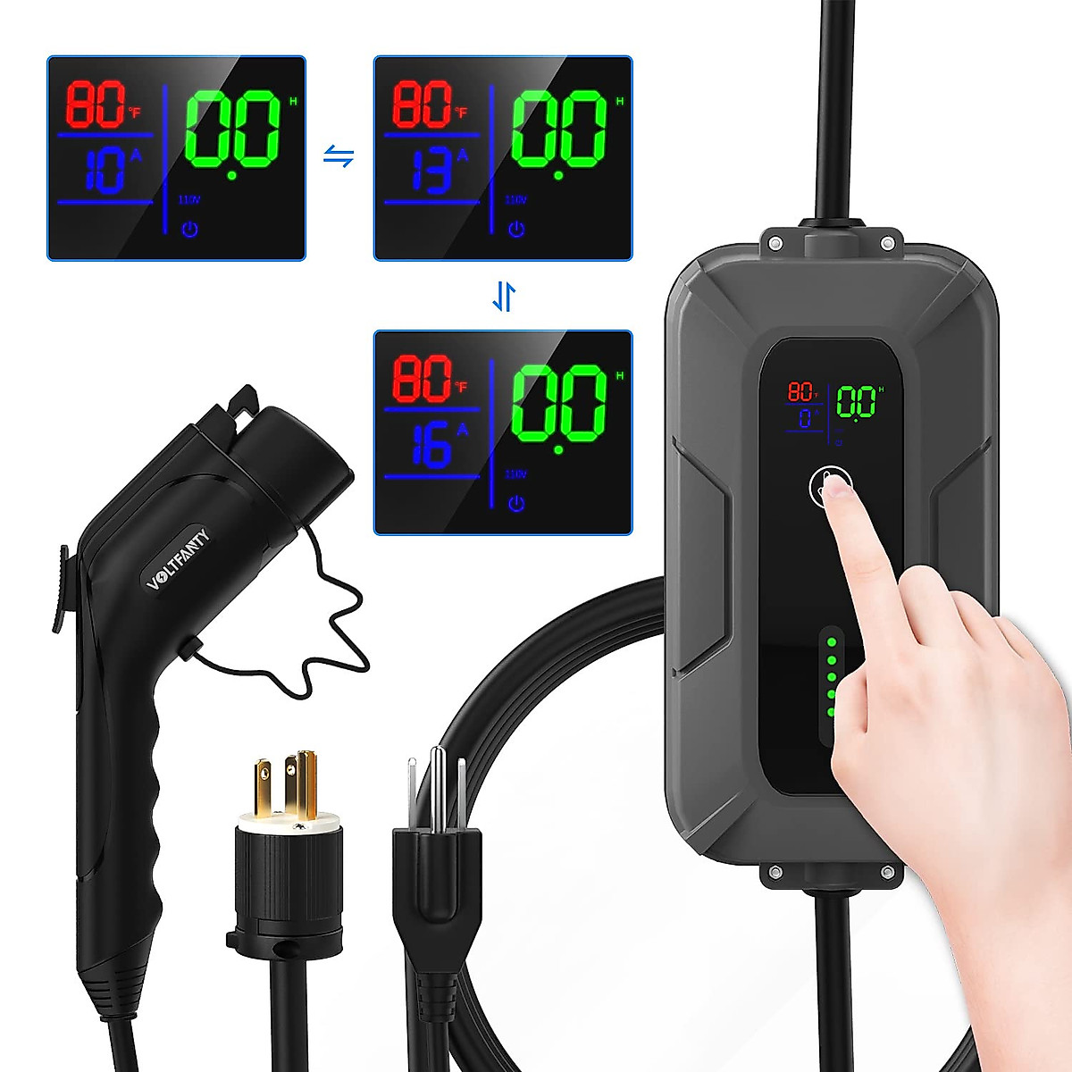 voltfanty Level 1&2 EV Charger, Electric Vehicle Portable Charger with 27.8FT Cable, Home EV Charging Station for J1772 Electric Cars, 16Amp 110V-240V, NEMA 6-20 & NEMA 5-15 Plug