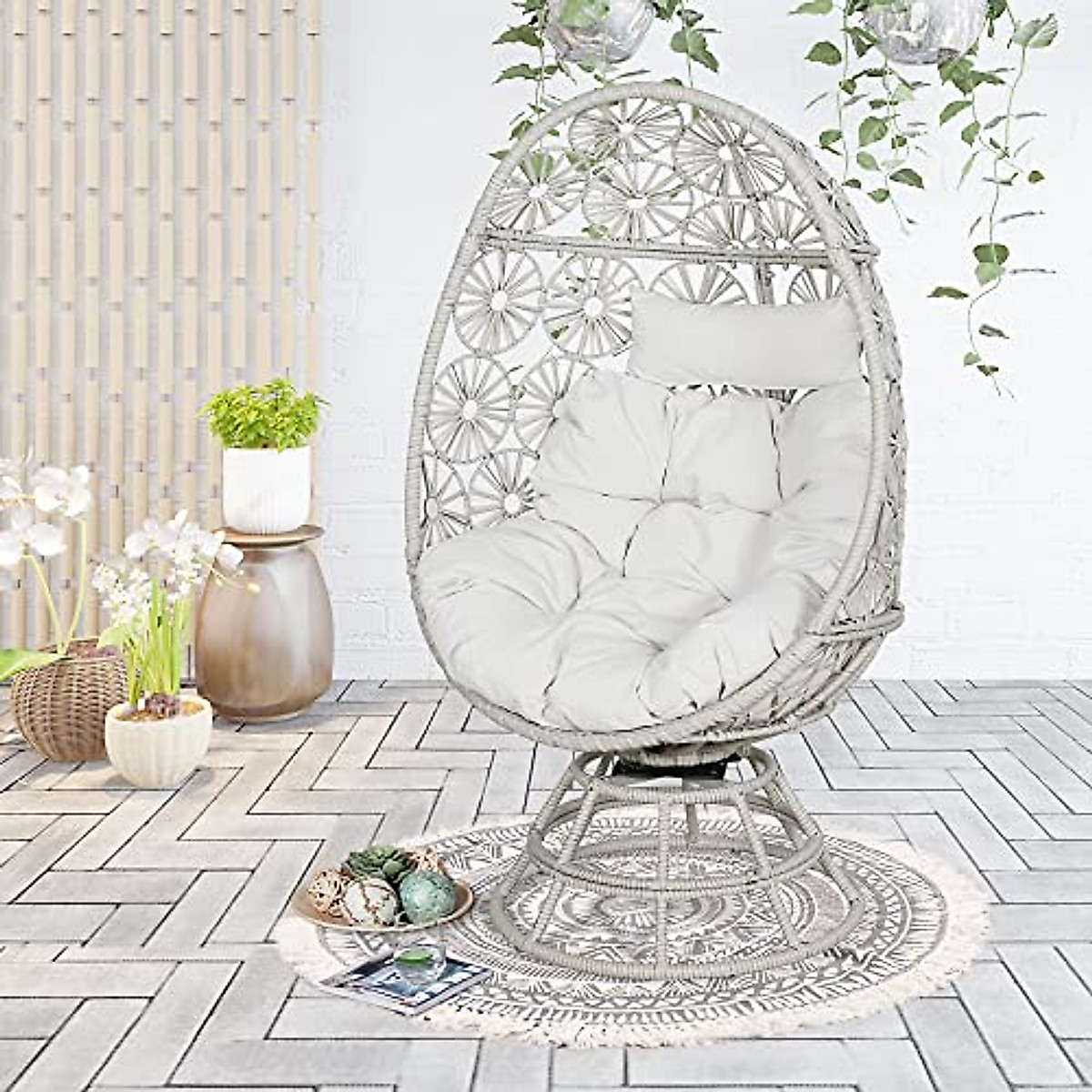 Iwicker Outdoor Wicker 360-Degree Swivel Egg Chair with Beige Cushions, Patio Rattan Basket Egg Chair for Garden Lawn Bedroom