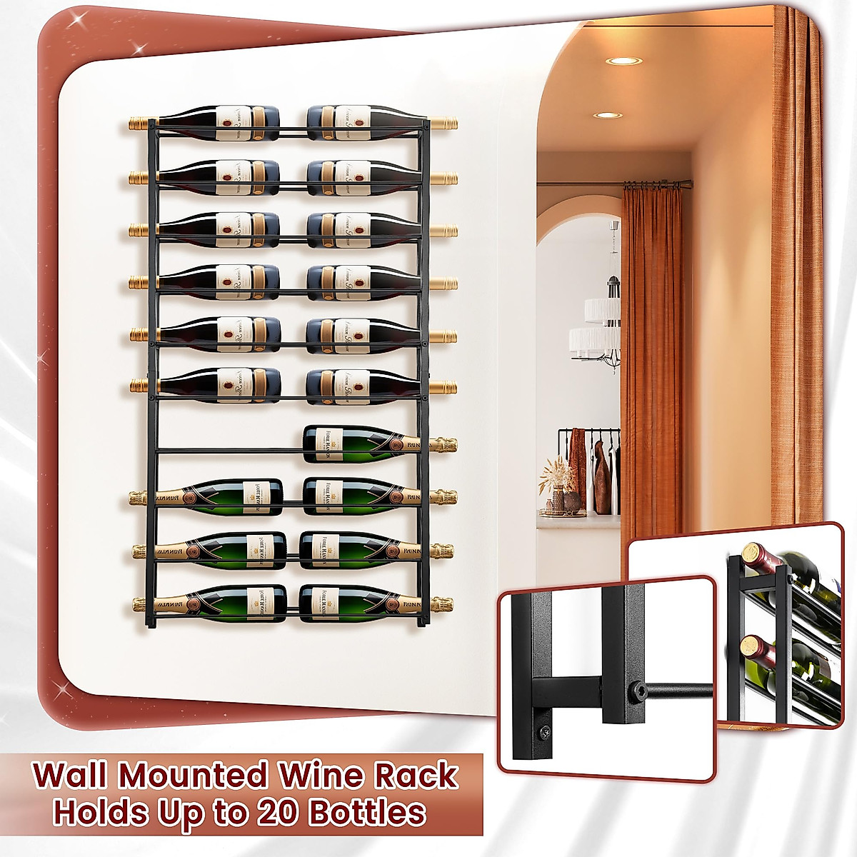 AQAREA Wine Rack Wall Mounted Wine Rack (Black/Metal) 20 Bottle Wine Rack Wall Mounted, Assembled Wall Wine Storage Holder