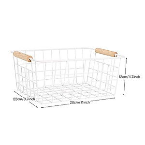 Fvstar 3pcs Wire White Baskets with Wooden Handles,Metal Storage Organizer Bins,Household Refrigerator Basket for Cabinets,Pantry,Shelf,Countertop,Closets,Bedrooms,kitchen