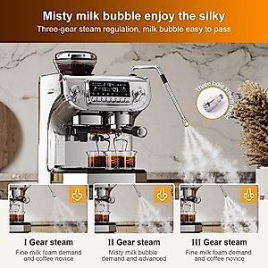 Mcilpoog TC530 Espresso Machine with Milk Frother，Semi Automatic Coffee Machine with Grinder,Easy To Use Espresso Coffee Maker with 5.5 inch Large Screen,15 Bar Pressure Pump,PID Temperature Control.