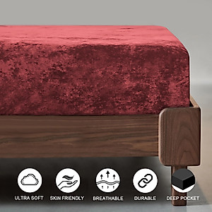 PHF Truly Velvet Fitted Sheet Only Twin Size, Christmas Luxury Super Soft Cozy Comfy Fleece Bottom with 15" Deep Pocket, Suitable for Fall Winter and Spring, No Pillowcases, Wine Red