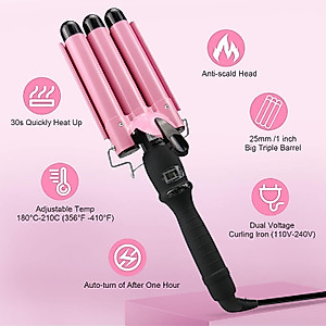 3 Barrel Curling Iron Hair Crimper: Aleath Dual Voltage Three Barrels Hair Waver - 1 inch Curler Wand