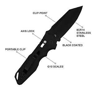 EMHTiii Pocket Folding Knife for Men: 3.93" Stainless Steel All Black Blade, Axis Lock, G10 Scales with Clip, EDC Knives Great for Outdoor, Camping, Hiking, EMH01N
