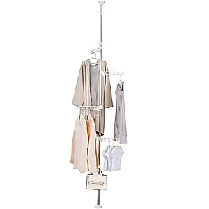 DAHOOMII 4-Tier Adjustable Laundry Pole Clothes Drying Rack Tension Rod Corner Metal Coat Tree Hanger Garment Stand Heighten Floor to Ceiling Clothing Storage Organizer - Ivory