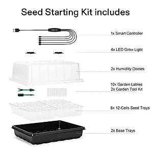 CANNABMALL 2 Packs Seed Starter Tray with Grow Light Samsung LM281B Diodes, Dimmable Seedling Starter Trays, 96 Cells Germination Trays Kit with Humidity Dome for Indoor Gardening Plant Black