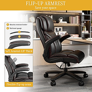 Executive Desk Chair, Sucrever Big and Tall Home Office Chairs for Heavy People 400lbs Wide Seat, High Back Large Executive Office Chair with Adjustable Flip up Arms, Black Leather Computer Desk Chair