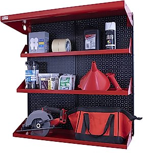 Metal Pegboard Shelving Organization System OmniWall Shelving Kit 32" x 32" Modular Pegboard- Panel Color: Black Accessory Color: Red