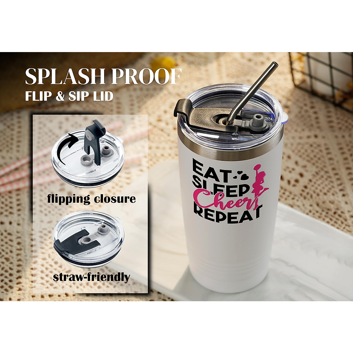 Onebttl Cheerleader Gifts For Girls, Women - 20oz/590ml Stainless Steel Insulated Tumbler with Straw, Lid - Gift for Cheerleading, Coach or Cheer Squad - Repeat, White