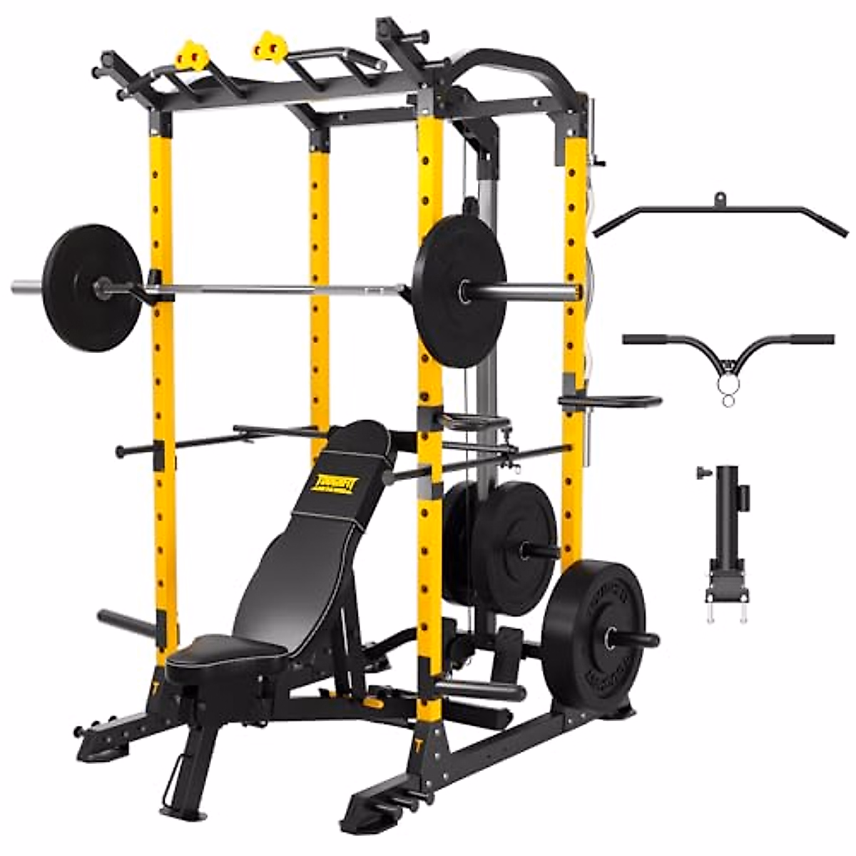 ToughFit Power Cage 1000lbs Squat Rack with Weights and Bar Set Multi-Function Power Rack Weight Cage with Lat Pull-Down/Adjustable Cable Crossover for Strength Training Garage & Home Gym Equipment