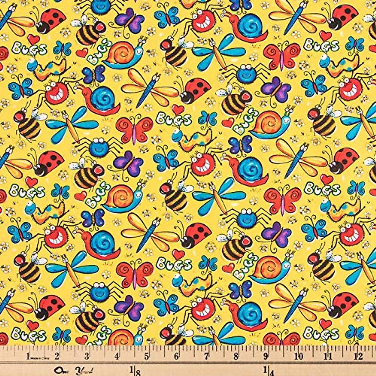 Happy Bug Fabric by The 1/4 Yard Fat Quarter Dragonfly Butterfly Bee Spider Snail