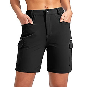 SANTINY Women's Hiking Cargo Shorts with 7 Pockets Lightweight Quick Dry 7 Inch Long Golf Shorts for Women Casual Summer (Black_L)