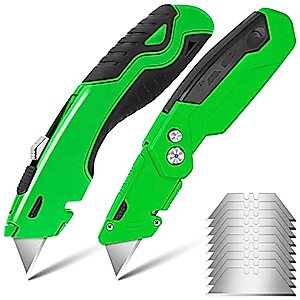 DIYSELF 2-Pack Utility Knife, Box Cutter Retractable and Folding Utility Knife, Blade Storage Design, Box Cutters for Cardboard, Cartons, Razor Knife with Extra 10 Blades, Quick Change Blade (Green)