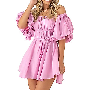 PRETTYGARDEN Women's Off The Shoulder Babydoll Dress Short Puff Sleeve Casual A Line Ruffle Summer Dresses (Solid Pink,X-Large)