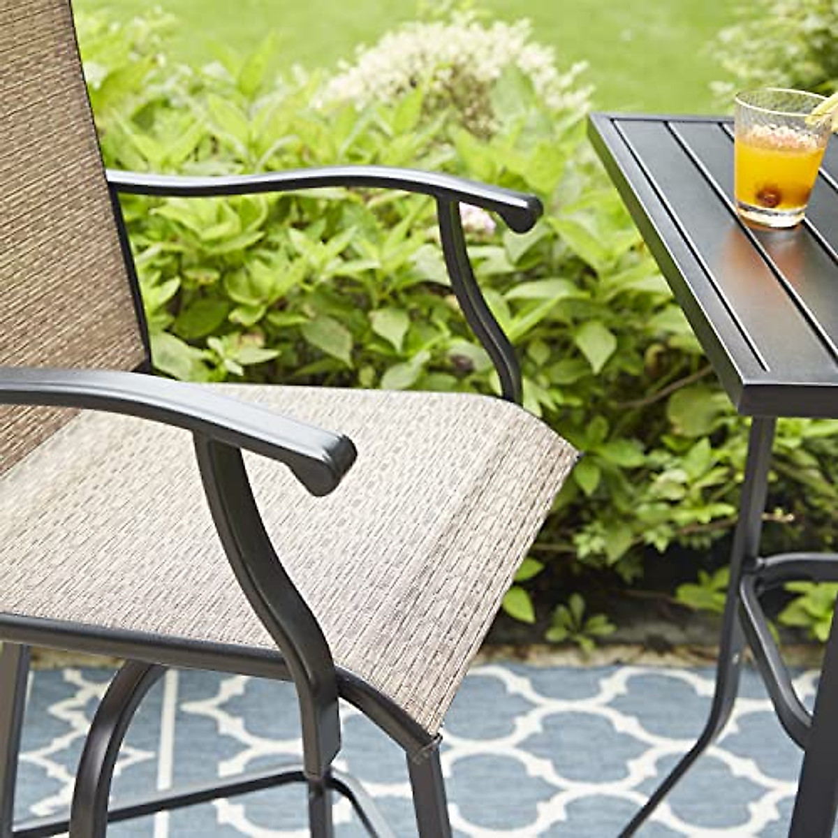 VICLLAX 5PCS Outdoor Swivel Bar Sets, Bar Height Patio Set with 4 Patio Bar Stools and 1 Square Bar Table with Umbrella Hole, Black Frame