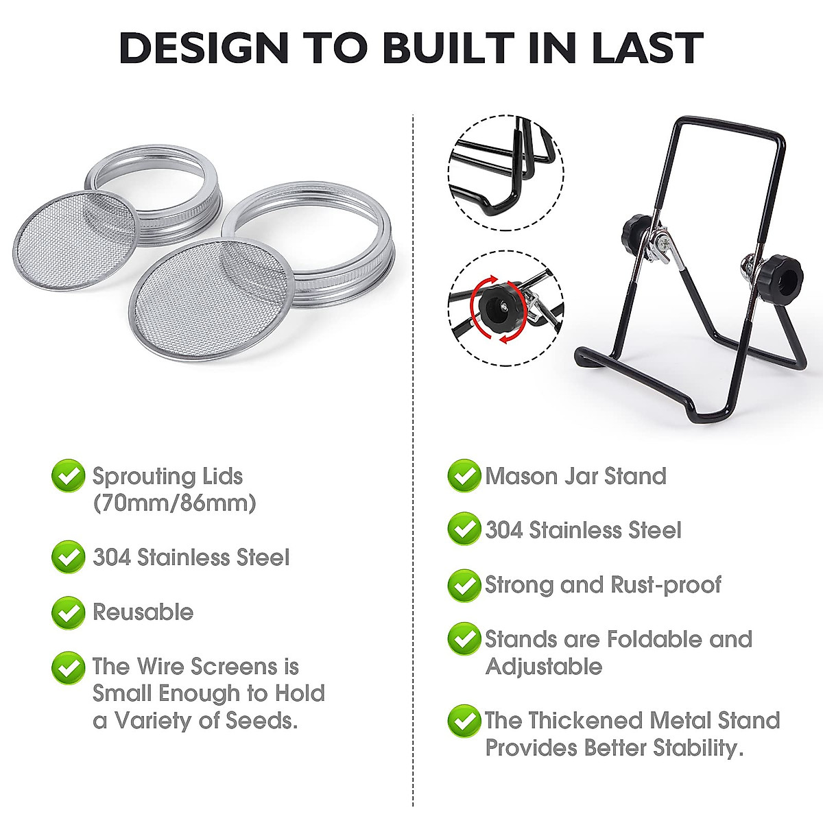 BARIKUEO 4PCS Stainless Steel Sprouting Lids,2 Stainless Steel Sprouting Stands,Drip Tray,Label sticker, 8 Pack Mason Sprouting Jar Kit (Not Include Mason Jar) for Regular and Wide Mouth Mason Jars