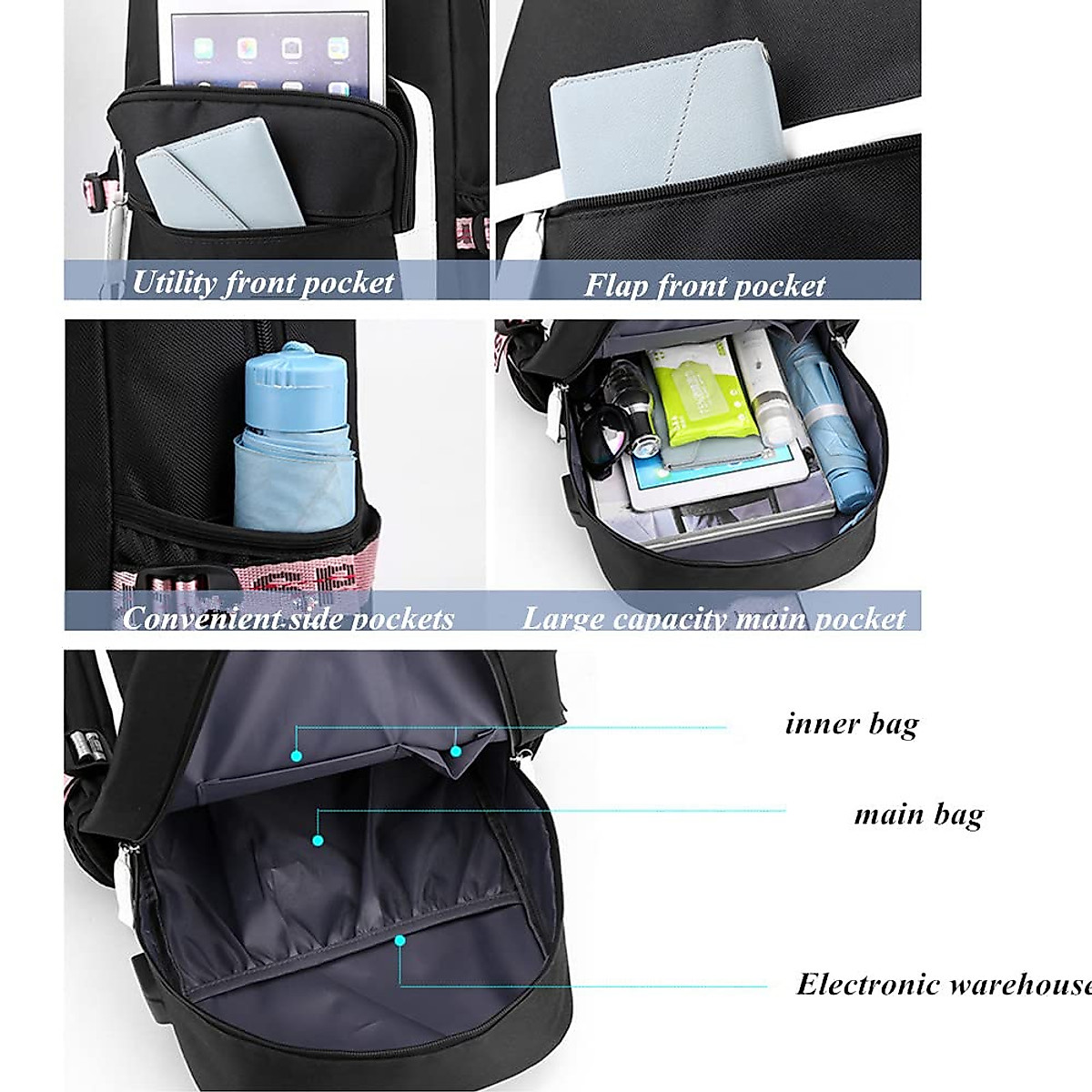 LANSHIYA Backpacks for Teen Girls with USB Charging Port Kids Outdoor Daypack Middle School Students Solid Color Bookbag