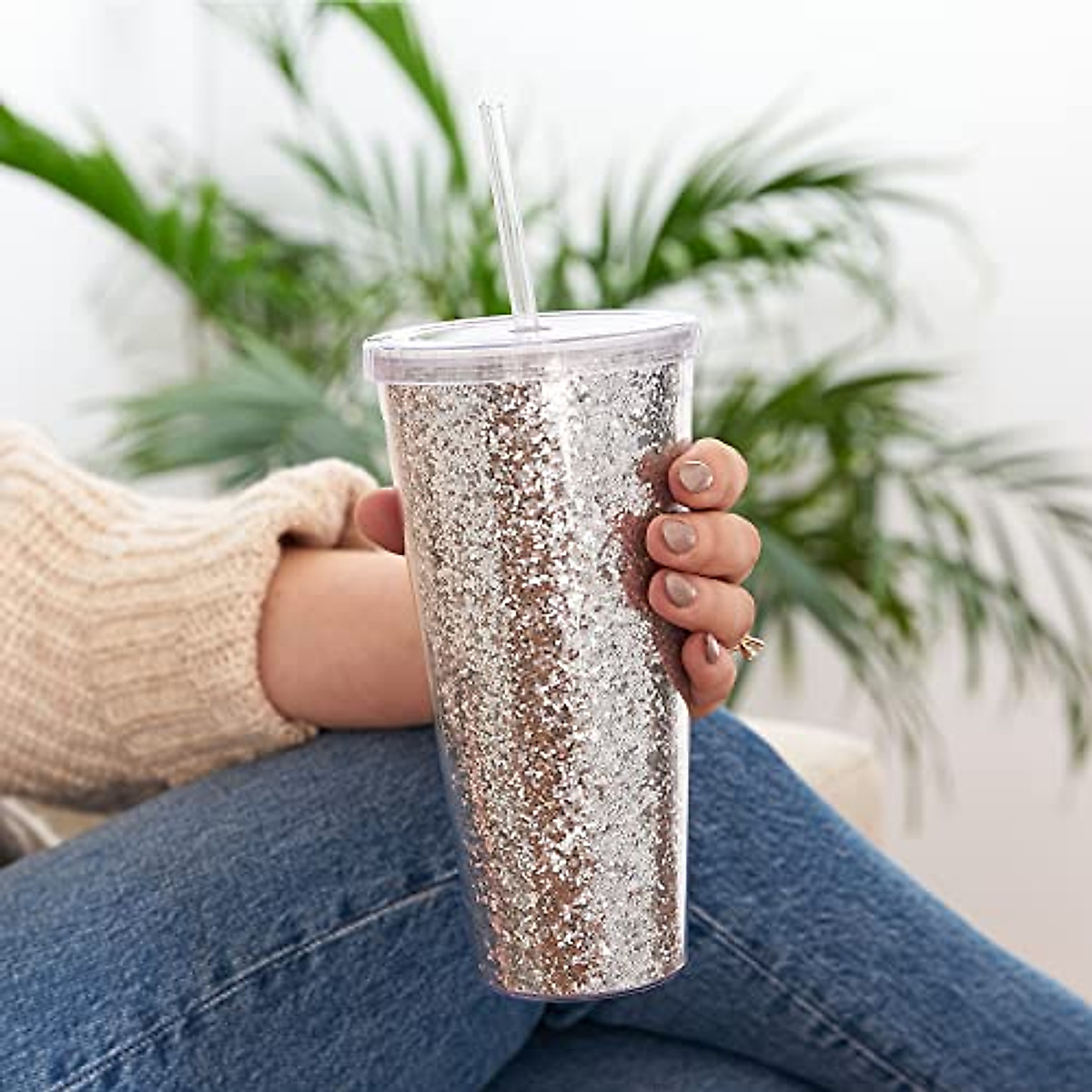Blush Silver Glam Double Walled Glitter 24oz Tumbler | Reusable, Leak-Proof, Travel, Clear Plastic, Slim, Iced Coffee Cup with Silicone Seal, Screw-On-Lid, and Straw, 1 Count (Pack of 1)