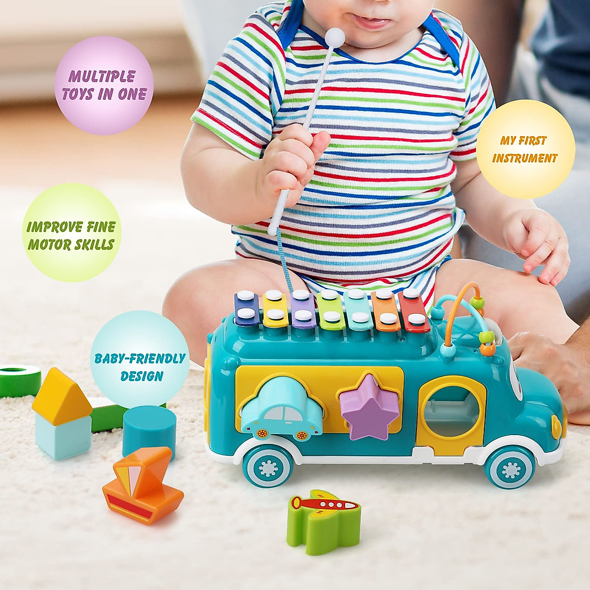 TOY Life Baby Toys 12-18 Months Baby Xylophone Toys Kids Xylophone Baby Toys 6 to 12 18 Months Toys Musical Instruments with Shape Sorter & Building Blocks Shape Sorting Bus Baby Learning Bus