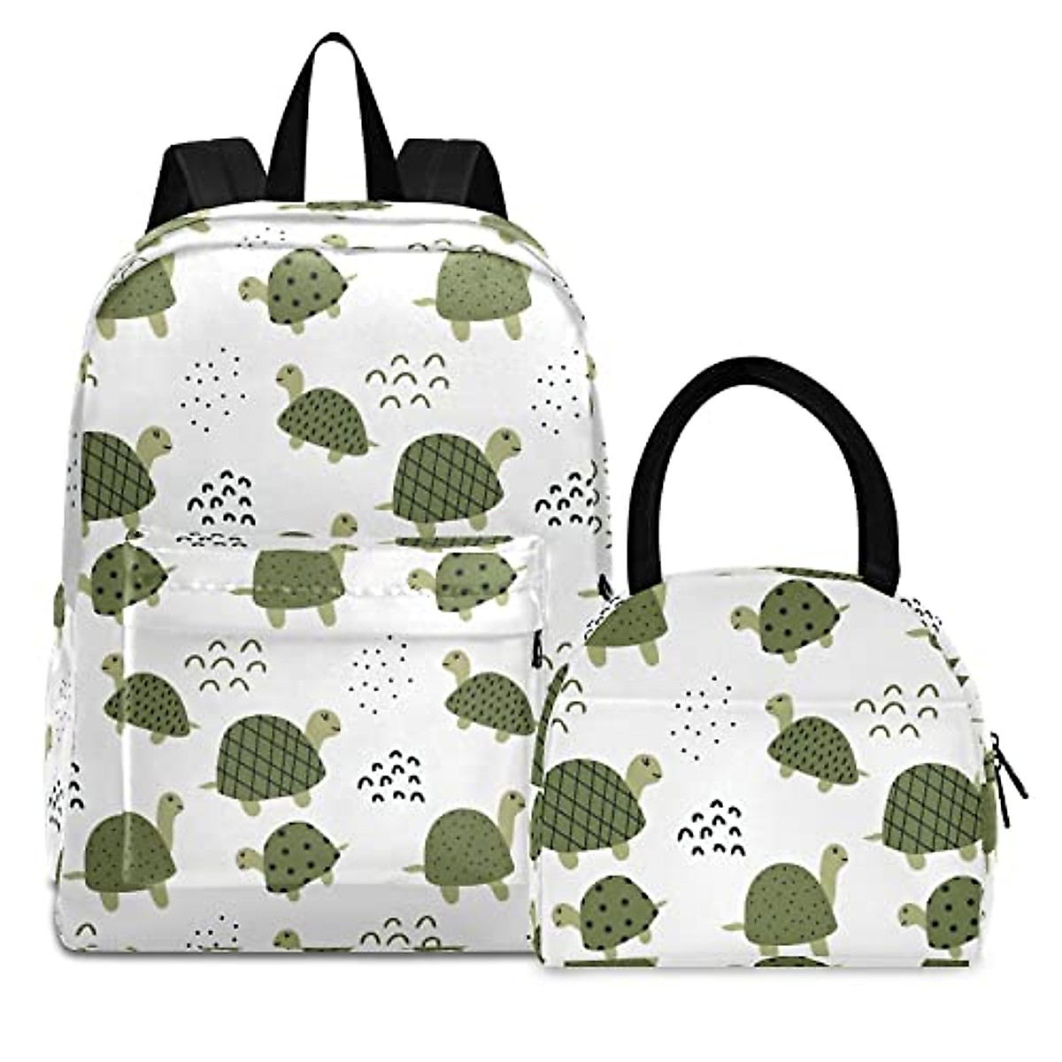 FOLIOSA Kid's Backpack Lunch Bag Set Green Turtle Print， Large Capacity Insulated Scratch-Resistant Backpack with Lunch Kit for School Work Suits for 6+ Years Teenager Boys Girls