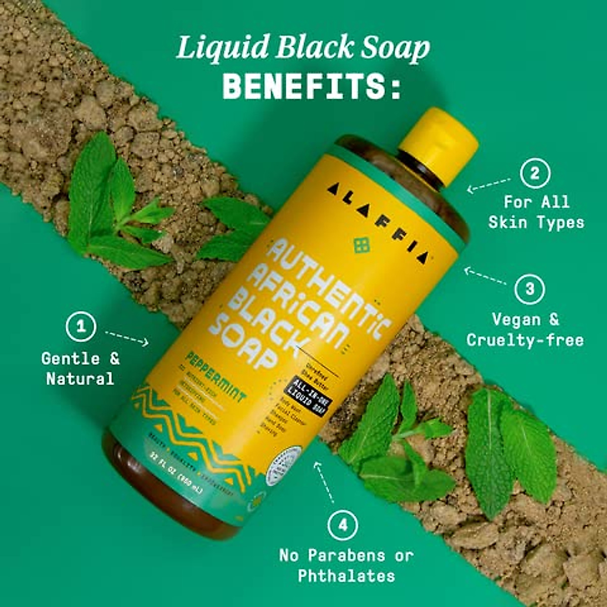 Alaffia Authentic African Black Soap Variety 2-Pack – All-In-One Liquid Soap, Travel-Size Eucalyptus Tea Tree + Full-Size Peppermint Body Wash, Face Wash, Shampoo, Shaving Soap