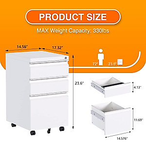 Aobabo Metal 3 Drawer Mobile File Cabinet with Lock, Under Desk Metal Filing Cabinet, 23.6''H A4/Legal/Letter Size Storage Cabinet, Fully Assembled