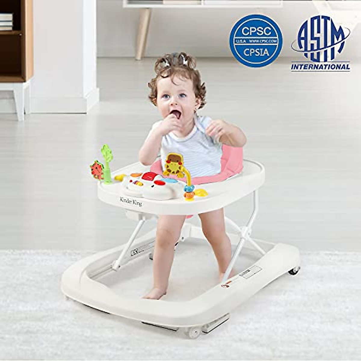 Kinder King 3 in 1 Folding Baby Walker, Activity Walker for Boys Girls, Learning-Seated, Toddler Walk-Behind w/Music Toys, Adjustable Height & Speed, Safety Bumper, Infant Walker Anti-Rollover, Pink