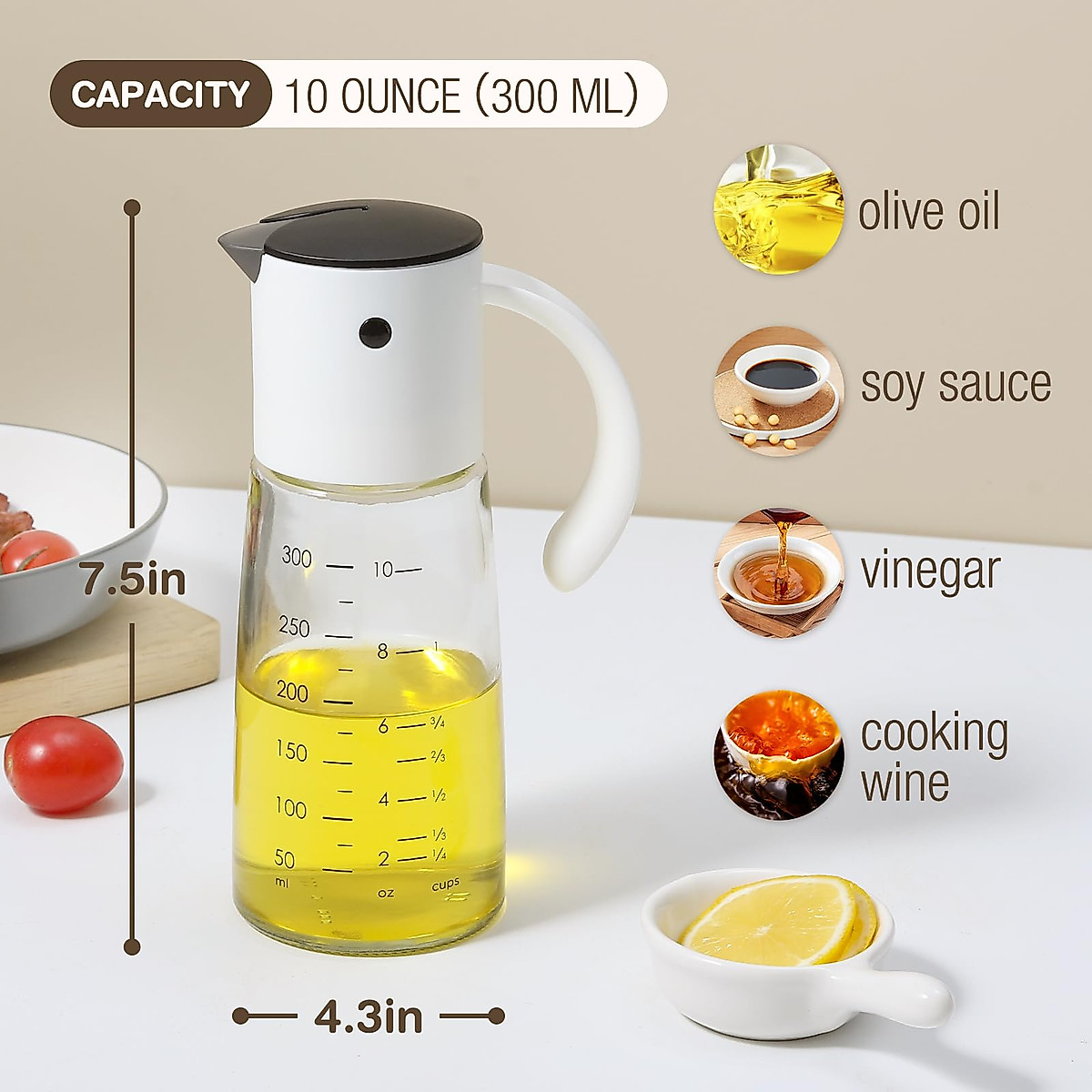 Vucchini Olive Oil Dispenser Bottle for Kitchen Cooking - Auto Flip Vinegar Dispenser Container- Leakproof Glass Cruet with Non-Drip Spout Dispenser (white and yellow)