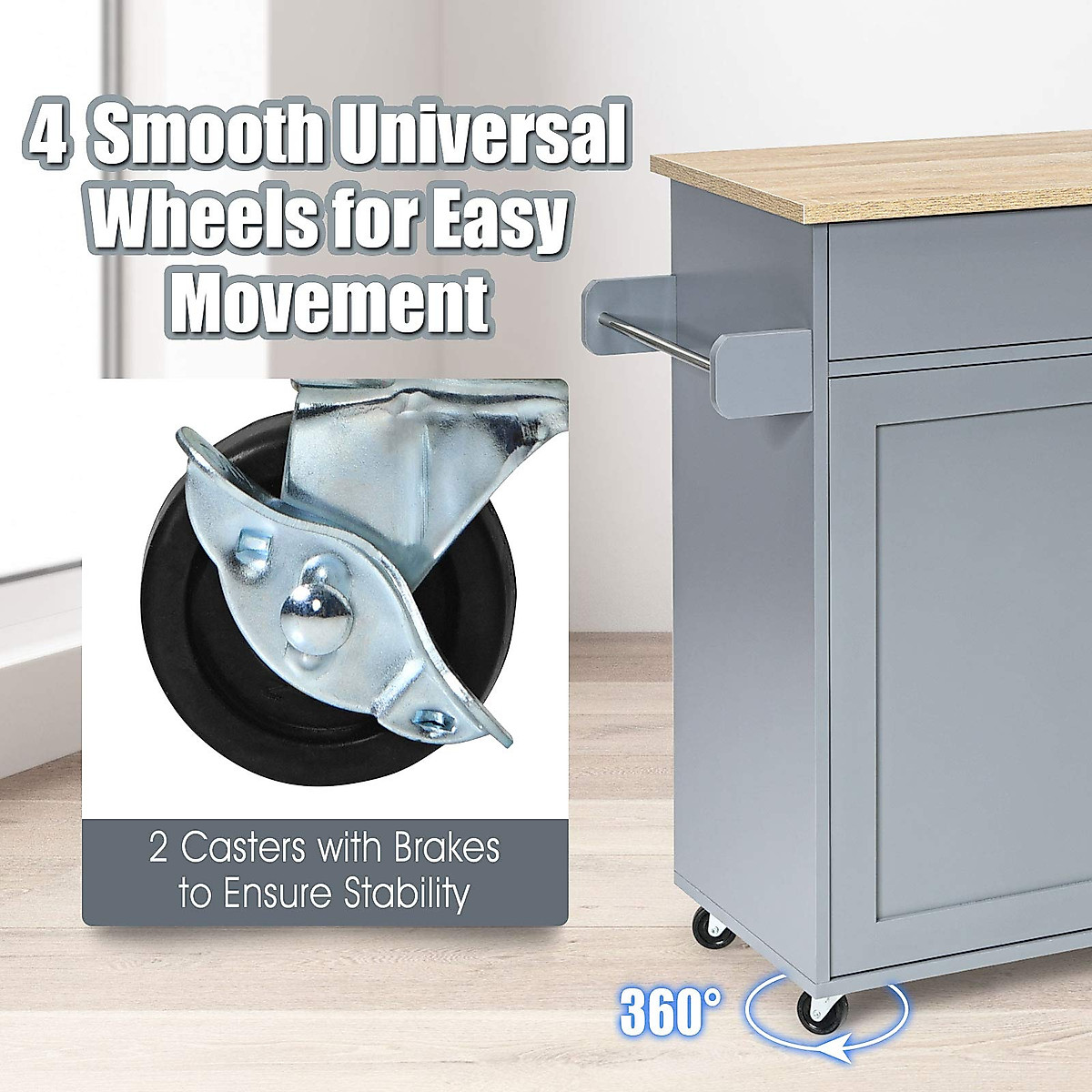 Giantex Kitchen Island, Rolling Kitchen Cart with Spice and Towel Rack, Large Drawer & 2-Door Storage Cabinet, Home Service Cart on Lockable Wheels, Wood Kitchen Trolley, Spacious Tabletop (Gray)