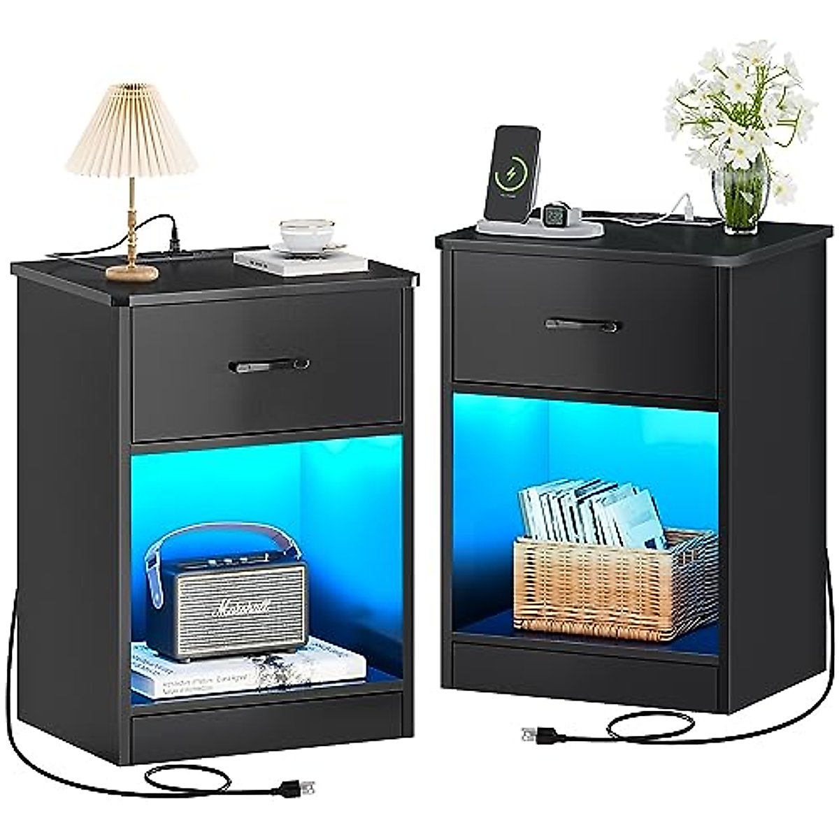 SUPERJARE L Shaped Gaming Desk with LED Lights & Power Outlets Reversible Computer Desk and Nightstands Set of 2 with Charging Station & LED Light Strips, Black