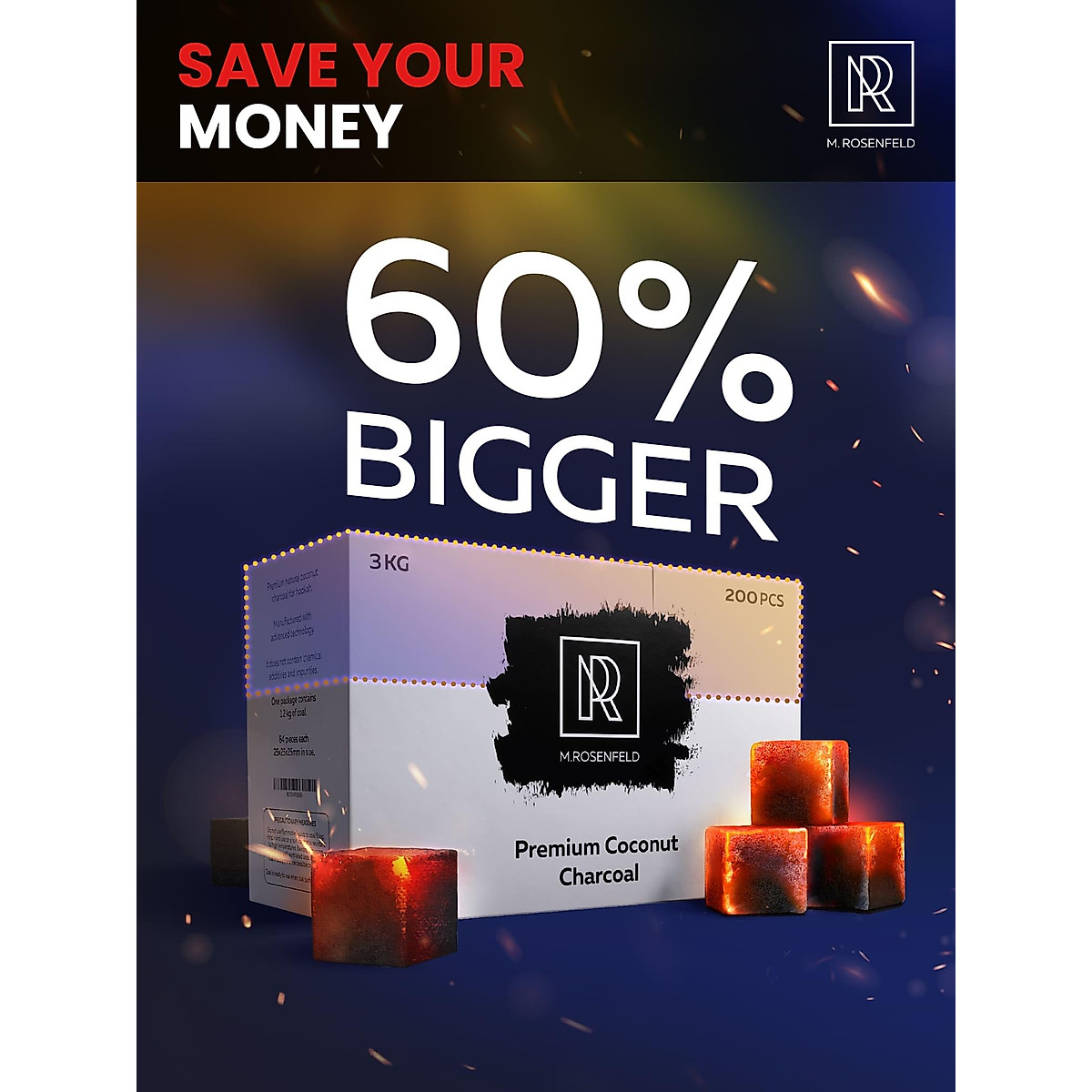 Hookah Coals Coconut Hookah Charcoal – 200 Count & 3 KG (6.6 lbs) – Value Pack Premium Quality 25mm (1x1x1 in) – 100% Natural Coconut Coals for Hookah Cubes – NOT Quick Light Charcoal Coco