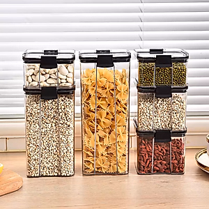 JAGF Airtight Food Storage Container - 5 Pce Set - Seal Stackable Plastic Canister Jar - Clear Plastic - Kitchen Cupboard Pantry Organizer, Spice, Pasta, Snack, Candy, Bean - For gift.