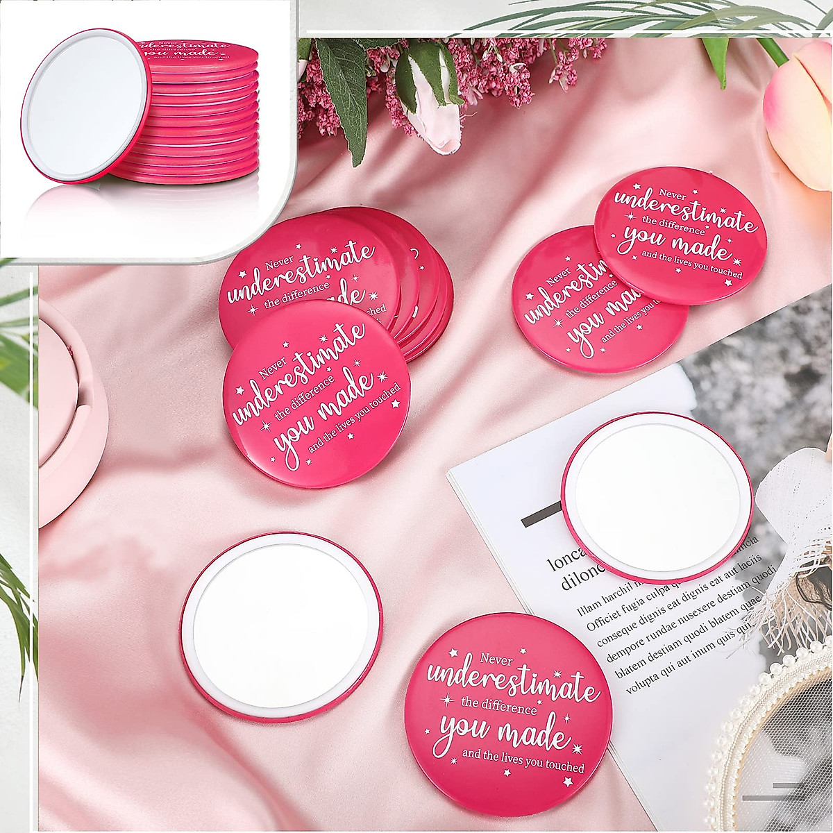 Hoolerry 48 Pcs Pink Inspirational Compact Mirror Bulk 2.8 Inch Round Makeup Glass Mirror Positive Personal Purse Pocket Mirror Small Portable Travel Mirror for Employee Coworker Staff