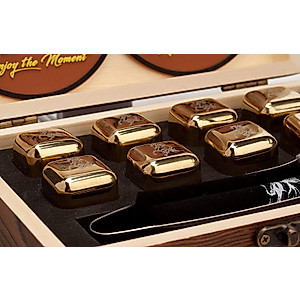 Whiskey Stainless Steel Stones Gift Set of 8 Golden Ice Cubes. Reusable Chilling Rocks in Wooden Box Ideas for Men Dad Groomsman Husband Wedding Father's Day Birthday Anniversary