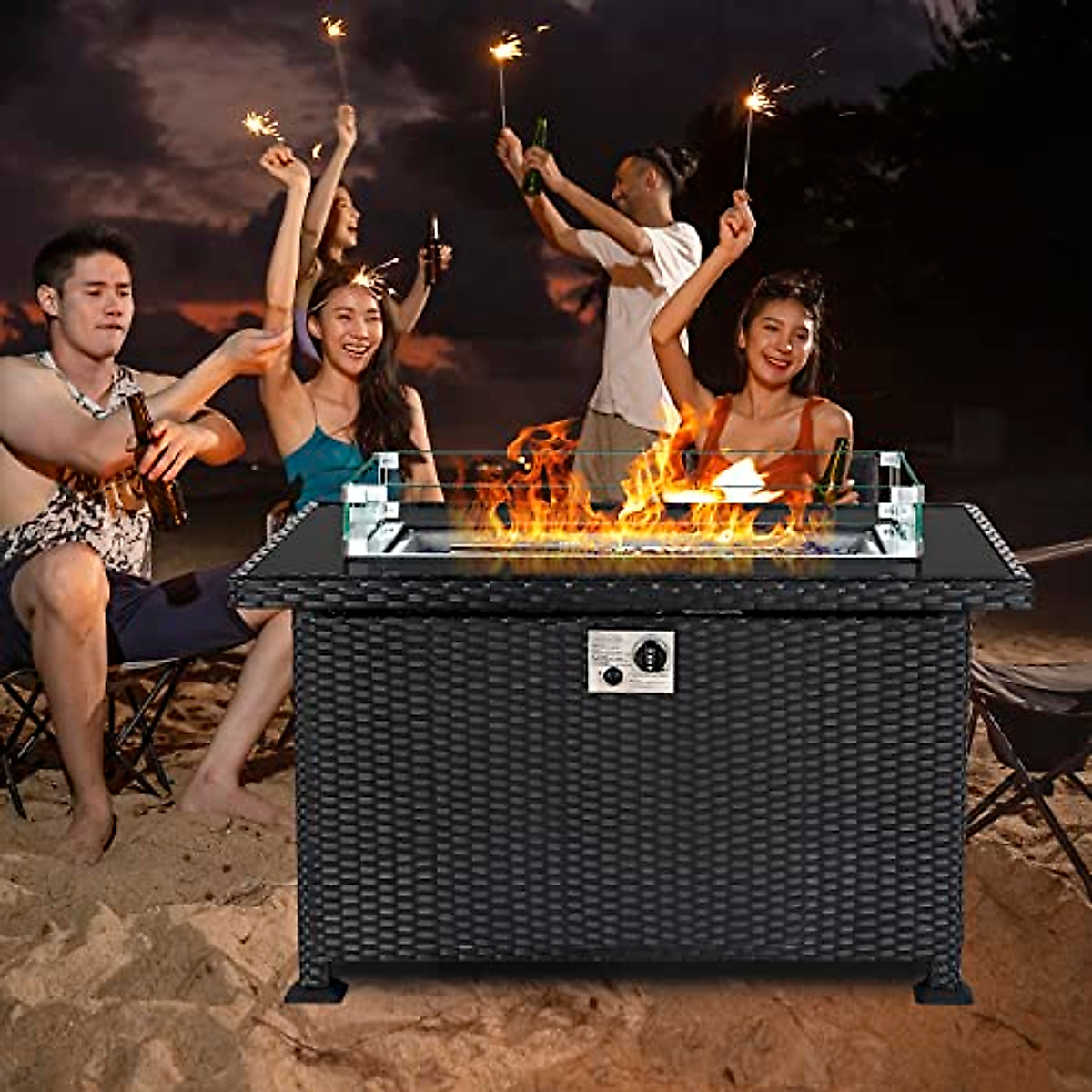 Propane Gas Fire Pit Table with Wind Guard for Outdoor, Auto-Ignition Firepits 43'' Rattan Table 50,000 BTU, Black