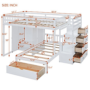 Harper & Bright Designs Full Over Twin Bunk Bed with Stairs & Wardrobe, Wood Bunk Bed with Storage Drawers, Kids Bunk Bed Full Over Twin Size for Bedroom,No Box Spring Needed(White)