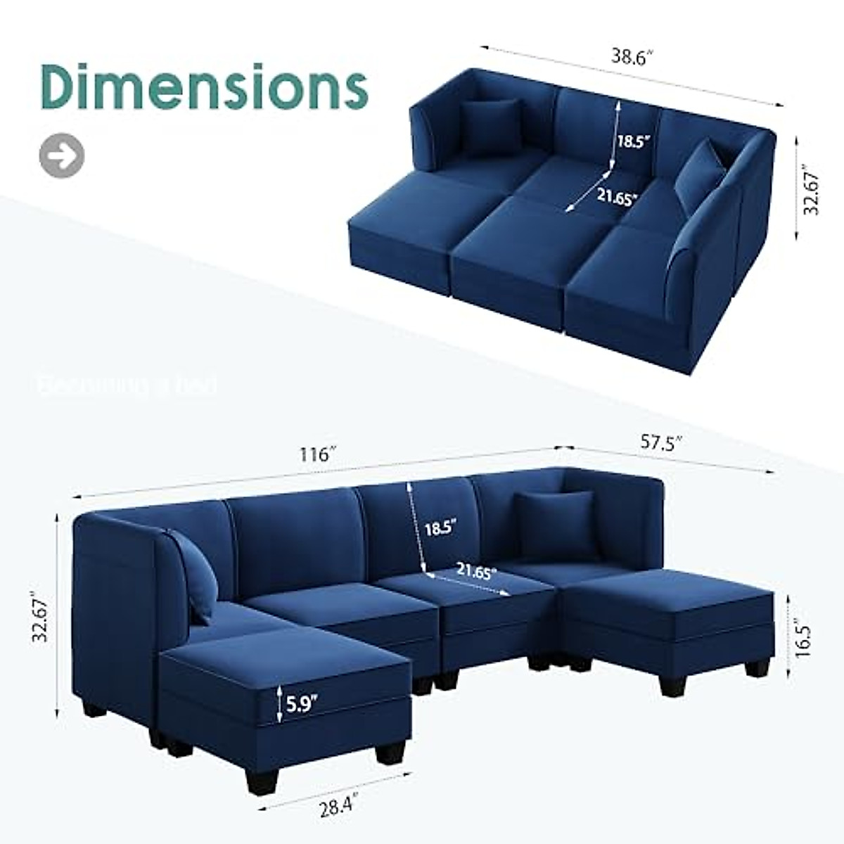 Shintenchi Reversible Modular Sectional Sofa Set, Convertible Oversized U Shaped Sofa Couch with Ottomans, Velvet Sleeper Couch with Chaise L Shaped Couches for Living Room Navy Blue
