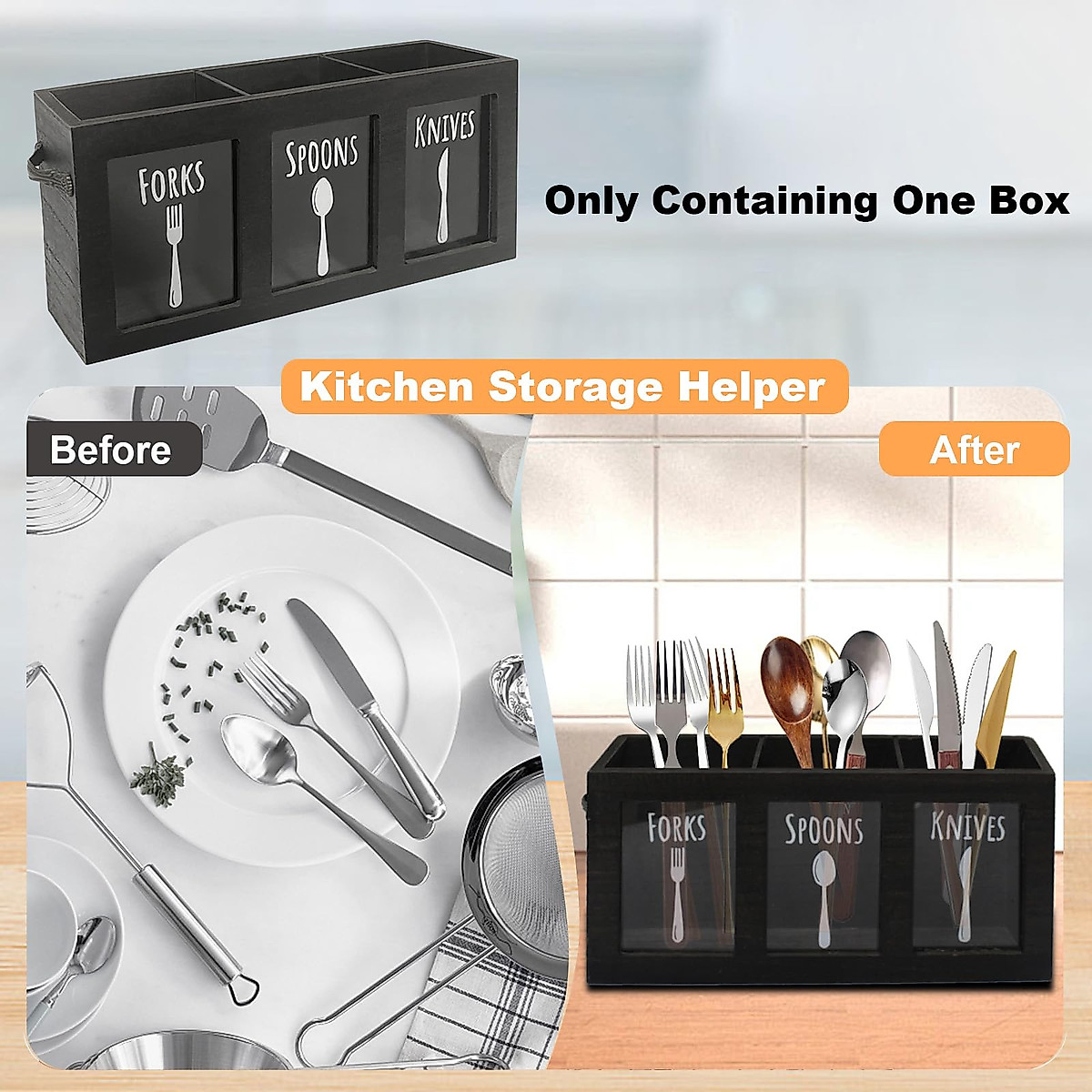 Mibcocny Wood Utensil Caddy For Kitchen Counter, Silverware Organizer Countertop, Spoon And Fork Organizer With Handles, Flatware Cutlery Knife Holder For Party Hosting Storage (Black)