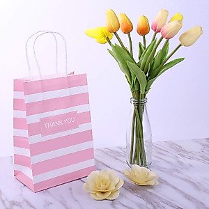 Ronvir 50Pcs Gift Bags Small 5.25 x 3.25 x 8 Inch Pink Gift Bags Striped Thank You Bags Paper Bags For Gifts, Business, Party, Baby Shower, Shopping, Goodie, Graduation, Christmas