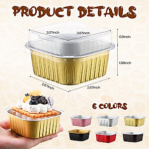 Skylety 100 Pcs 5 oz Mini Square Baking Pans with Lids Aluminum Foil Cupcake Pans Brownie Baking Cups Disposable Ramekins Individual Tin Dessert Containers for Kitchen Birthday (Multicolor)