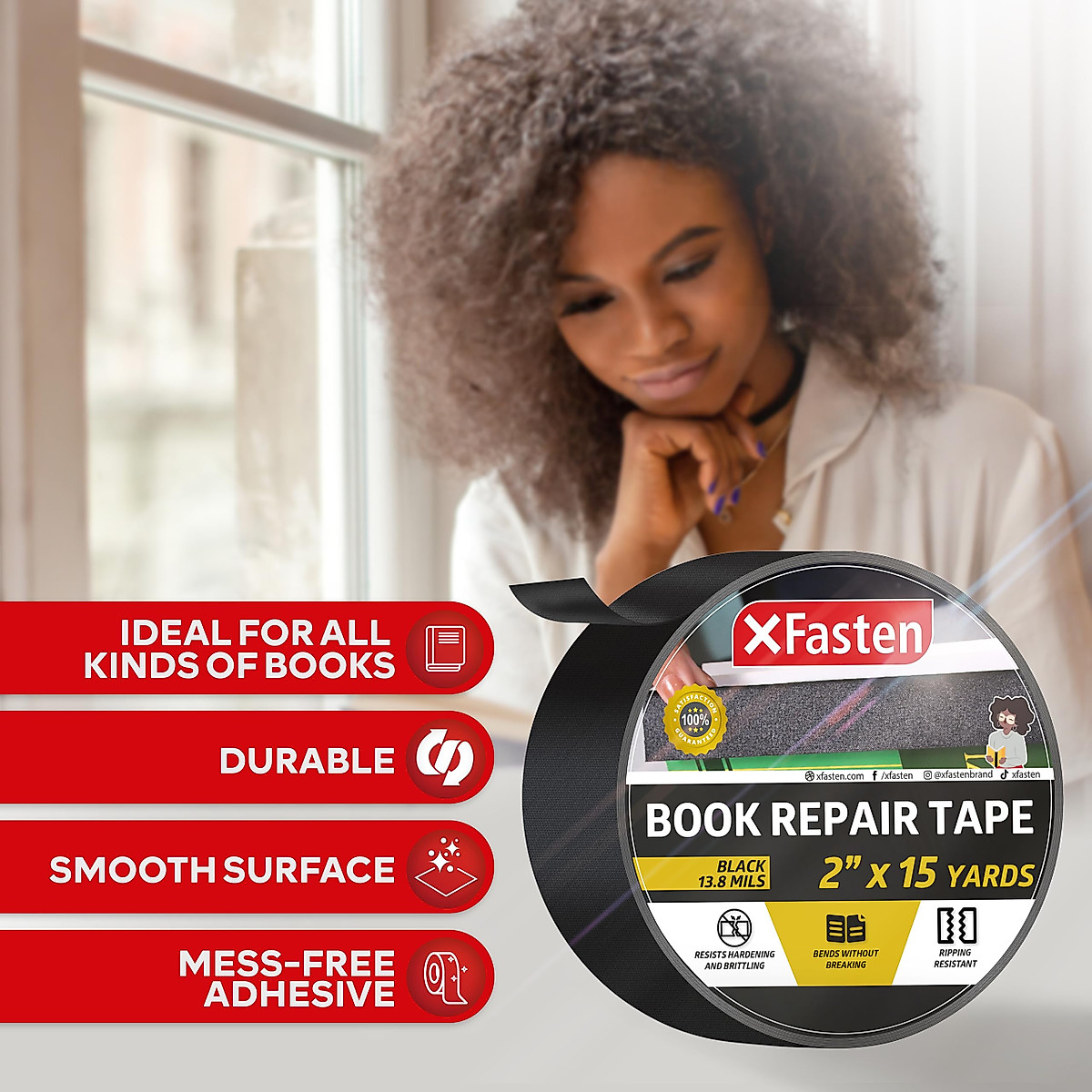XFasten Book Binding Repair Tape, Black, 2-Inch by 15-Yard, Cloth Library Book Hinging Repair Tape, Acid Free and Archival Safe