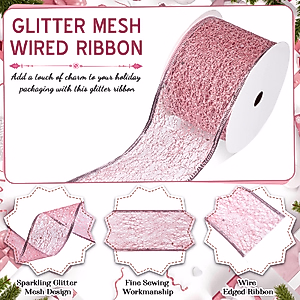 MTLEE 2 Rolls 20 Yards Valentine Ribbon Wired Pink Metallic Glitter Lace Ribbon for Xmas Crafts Floral Bow Making DIY Gift Wrapping Wedding Party Decor(2.5 Inch)