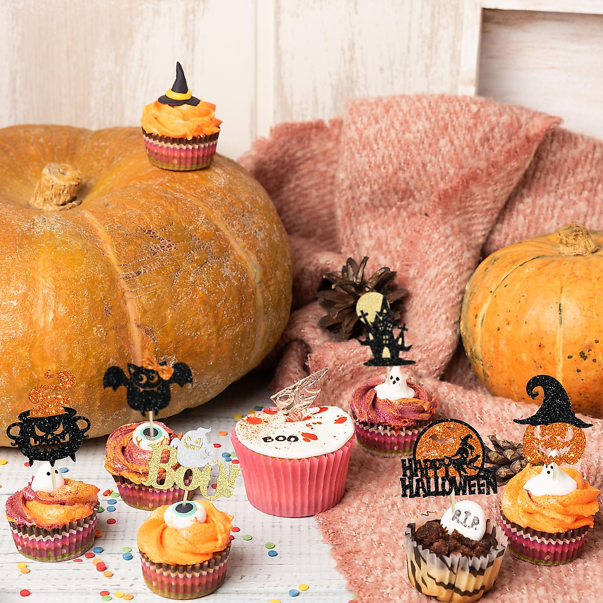 24Pcs Happy Halloween Cupcake Toppers Glitter Halloween Cupcake Picks Bat Pumpkin Ghost Cupcake Decorations for Halloween Theme Baby Shower Birthday Party Cake Supplies