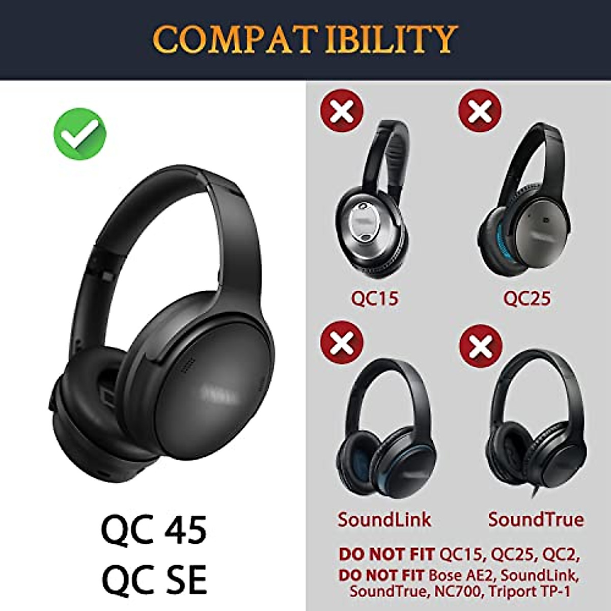 SOULWIT Replacement Headband Pad Kit for Bose QuietComfort 45 (QC45)/QuietComfort SE (QC SE) Headphones, Easy DIY Installation (Black)