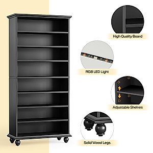 Tribesigns 69-Inch Tall Bookcase with LED Lighting, Modern 9-Tier Freestanding Bookshelf with Solid Wood Legs, Wooden Open Display Shelf Organizer for Living Room, Home Office (1, Black)