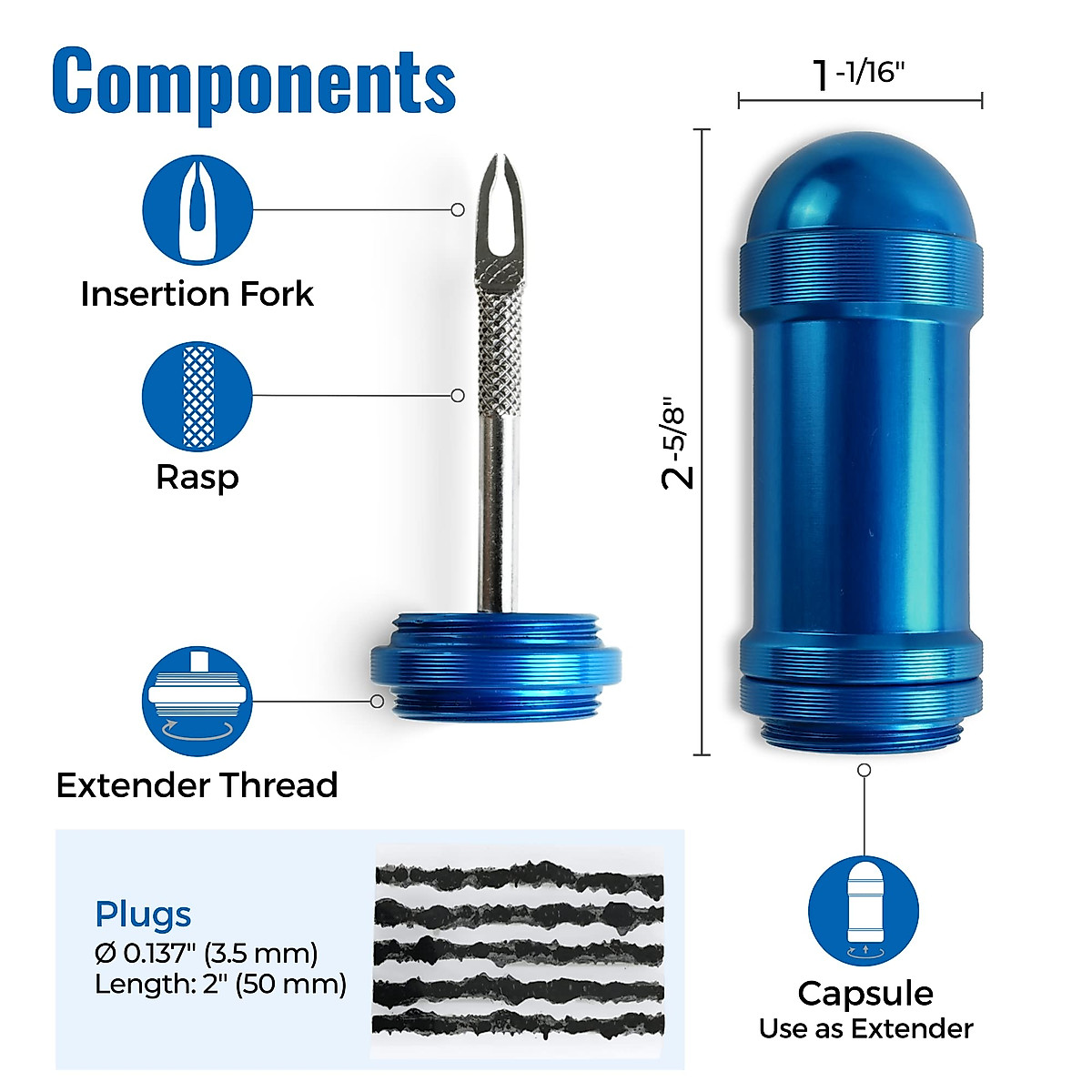 Tirellix Tubeless Bicycle Tire Repair Kit (Blue), Includes 5 (1/8") 3.5mm Plugs to Repair Mountain & Road Bike, Fix Flat for MTB, Car or ATV, Plus Storage Capsule Grip Extender