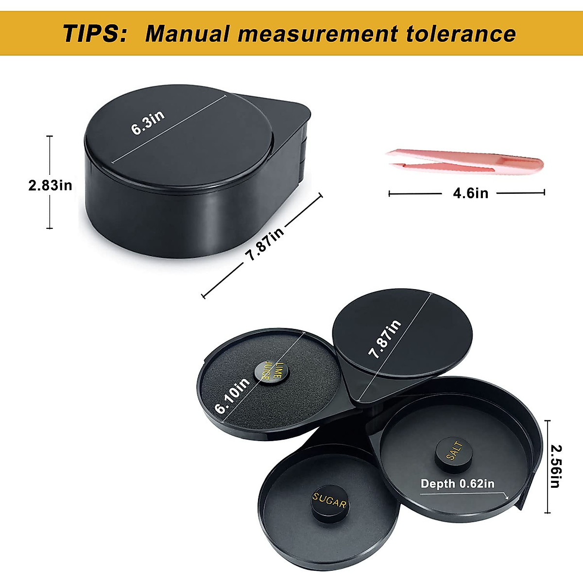 3 Tier Bar Glass Rimmer, Margarita Salt Premium Cocktail Machine Bartender Tool, Margarita Salt Rimmer Set, Juice Cocktail Sugar Salt Seasoning Box Classic Black(7 pcs Tweezers)