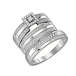 AFFY White Natural Diamond Wedding & Engagement Trio Band Ring Set in 14k White Gold Over Sterling Silver (0.25 Carat)